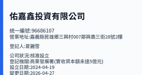 佑嘉鑫投資有限公司的照片-統編 96686107(嘉義縣) 公司登記資料與營業項目詳細圖表