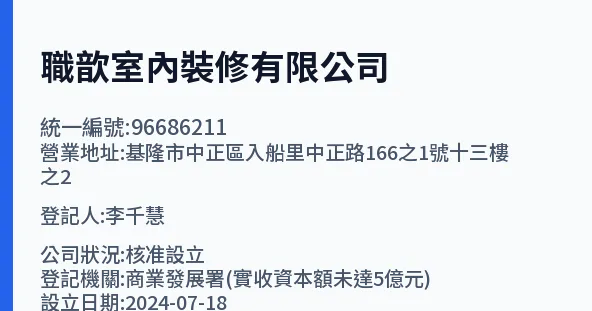 職歆室內裝修有限公司的照片-統編 96686211(基隆市) 公司登記資料與營業項目詳細圖表