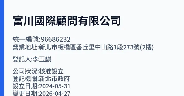 富川國際顧問有限公司的照片-統編 96686232(新北市) 公司登記資料與營業項目詳細圖表