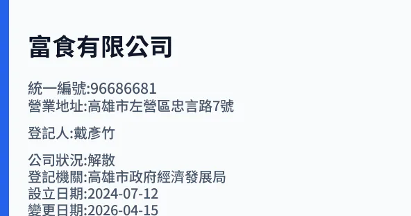 富食有限公司的照片-統編 96686681(高雄市) 公司登記資料與營業項目詳細圖表