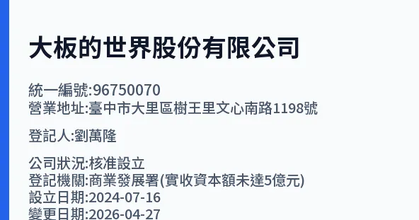 大板的世界股份有限公司的照片-統編 96750070(臺中市) 公司登記資料與營業項目詳細圖表