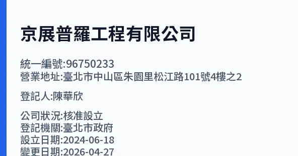 京展普羅工程有限公司的照片-統編 96750233(臺北市) 公司登記資料與營業項目詳細圖表
