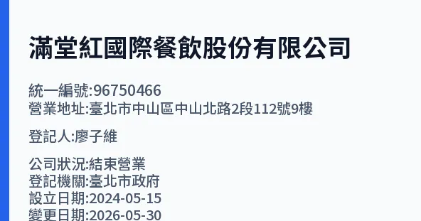 滿堂紅國際餐飲股份有限公司的照片-統編 96750466(臺北市) 公司登記資料與營業項目詳細圖表