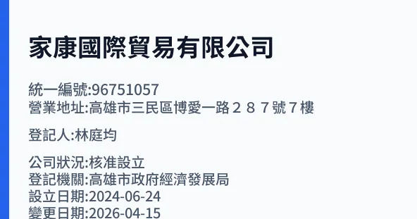 家康國際貿易有限公司的照片-統編 96751057(高雄市) 公司登記資料與營業項目詳細圖表