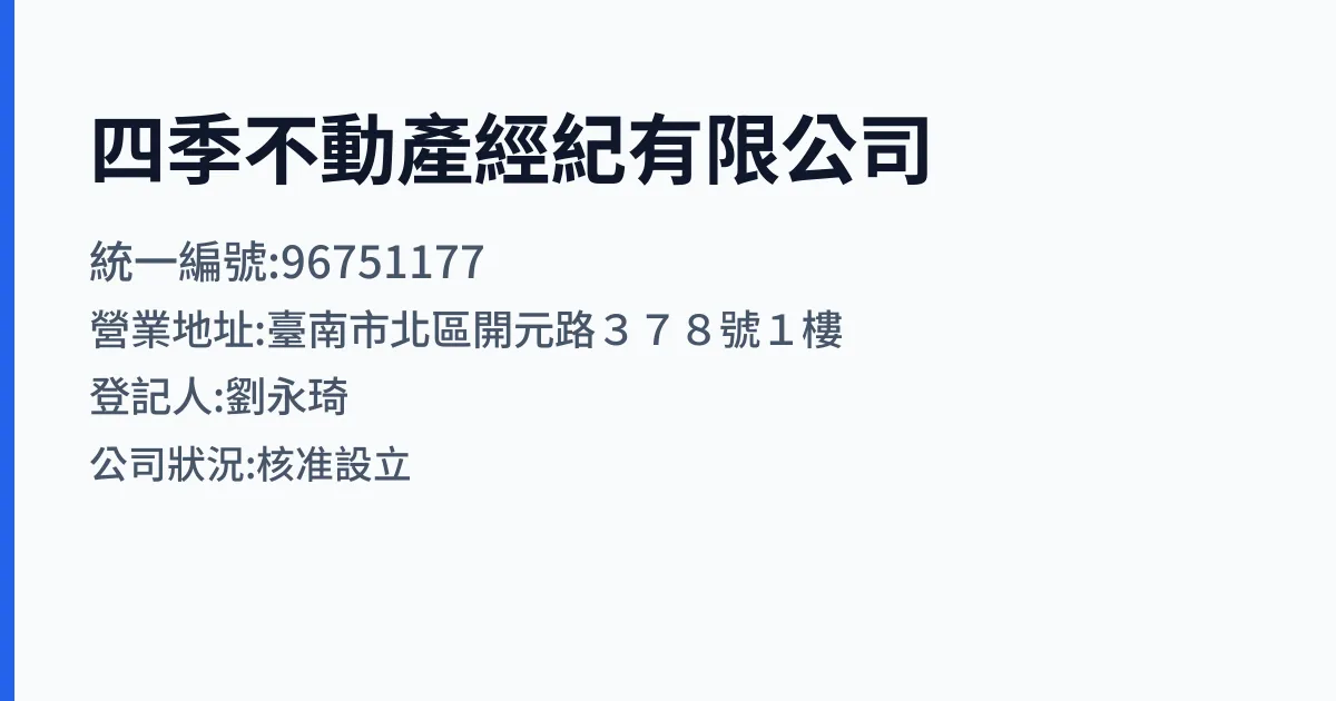 四季不動產經紀有限公司 - 統編 96751177(臺南市) 公司登記資料與營業項目詳細圖表