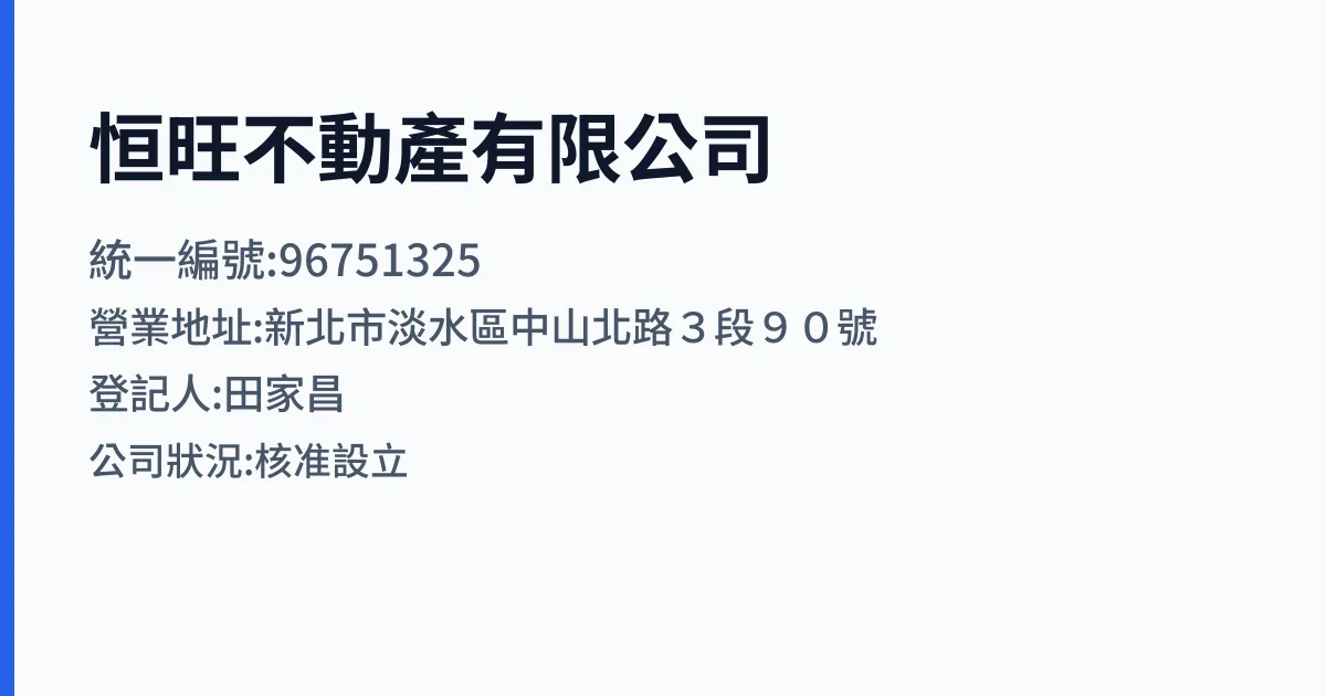 恒旺不動產有限公司 - 統編 96751325(新北市) 公司登記資料與營業項目詳細圖表