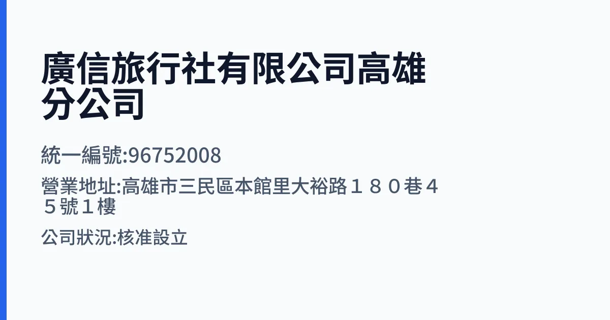 廣信旅行社有限公司高雄分公司 - 統編 96752008 (高雄市) 公司登記資料與營業項目詳細圖表