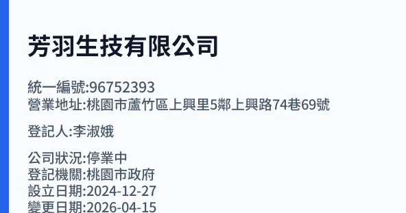 芳羽生技有限公司的照片-統編 96752393(桃園市) 公司登記資料與營業項目詳細圖表