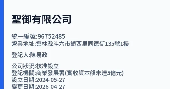 聖御有限公司的照片-統編 96752485(雲林縣) 公司登記資料與營業項目詳細圖表