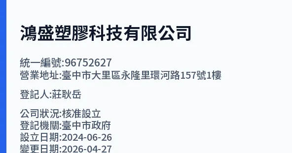 鴻盛塑膠科技有限公司的照片-統編 96752627(臺中市) 公司登記資料與營業項目詳細圖表