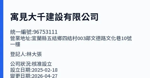 寓見大千建設有限公司的照片-統編 96753111(宜蘭縣) 公司登記資料與營業項目詳細圖表