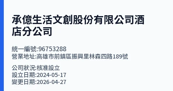 承億生活文創股份有限公司酒店分公司的照片-統編 96753288(高雄市) 公司登記資料與營業項目詳細圖表
