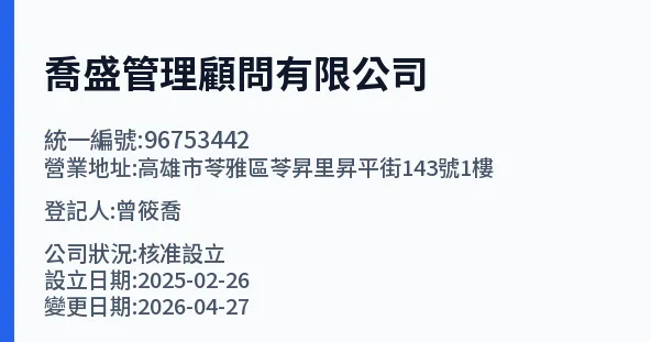 喬盛管理顧問有限公司的照片-統編 96753442(高雄市) 公司登記資料與營業項目詳細圖表
