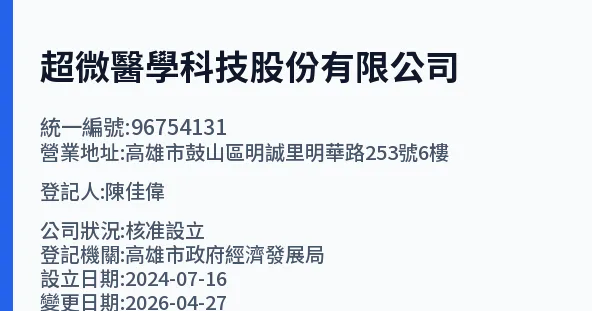 超微醫學科技股份有限公司的照片-統編 96754131(高雄市) 公司登記資料與營業項目詳細圖表