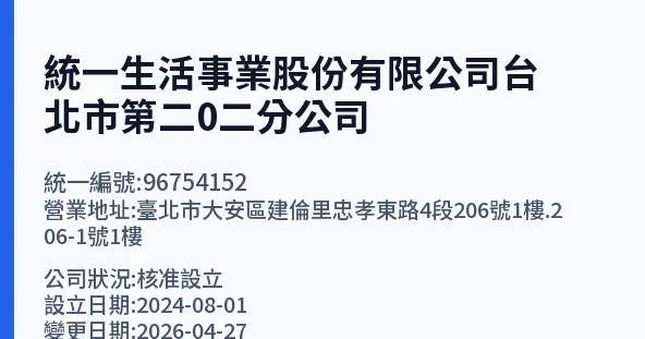 統一生活事業股份有限公司台北市第二0二分公司的照片-統編 96754152(臺北市) 公司登記資料與營業項目詳細圖表