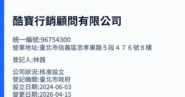 酷寶行銷顧問有限公司的照片-統編 96754300(臺北市) 公司登記資料與營業項目詳細圖表