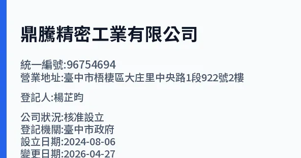 鼎騰精密工業有限公司的照片-統編 96754694(臺中市) 公司登記資料與營業項目詳細圖表