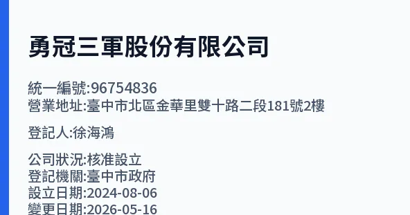 勇冠三軍股份有限公司的照片-統編 96754836(臺中市) 公司登記資料與營業項目詳細圖表