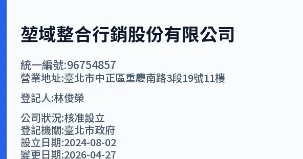堃域整合行銷股份有限公司的照片-統編 96754857(臺北市) 公司登記資料與營業項目詳細圖表