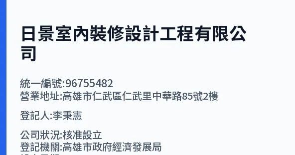 日景室內裝修設計工程有限公司的照片-統編 96755482(高雄市) 公司登記資料與營業項目詳細圖表