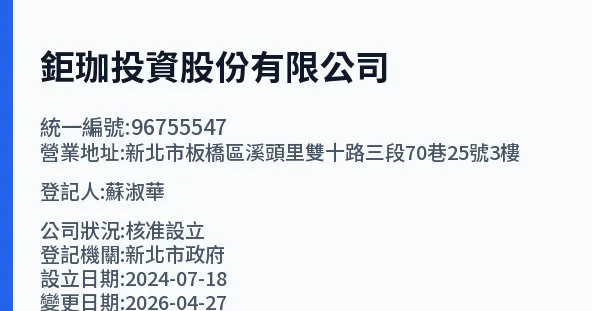 鉅珈投資股份有限公司的照片-統編 96755547(新北市) 公司登記資料與營業項目詳細圖表