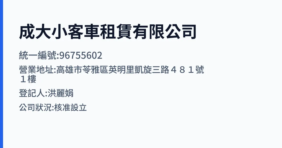 成大小客車租賃有限公司 - 統編 96755602(高雄市) 公司登記資料與營業項目詳細圖表