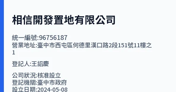 相信開發置地有限公司的照片-統編 96756187(臺中市) 公司登記資料與營業項目詳細圖表