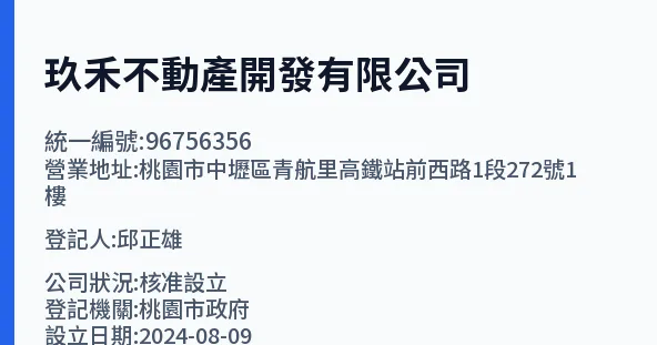 玖禾不動產開發有限公司的照片-統編 96756356(桃園市) 公司登記資料與營業項目詳細圖表