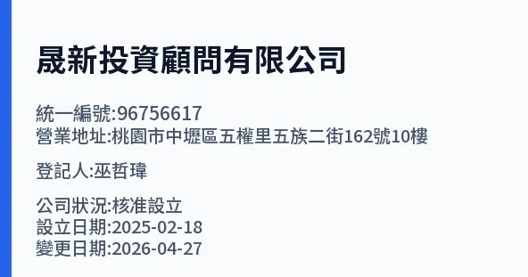 晟新投資顧問有限公司的照片-統編 96756617(桃園市) 公司登記資料與營業項目詳細圖表