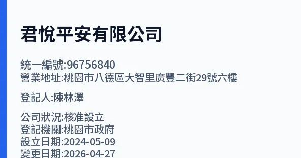 君悅平安有限公司的照片-統編 96756840(桃園市) 公司登記資料與營業項目詳細圖表