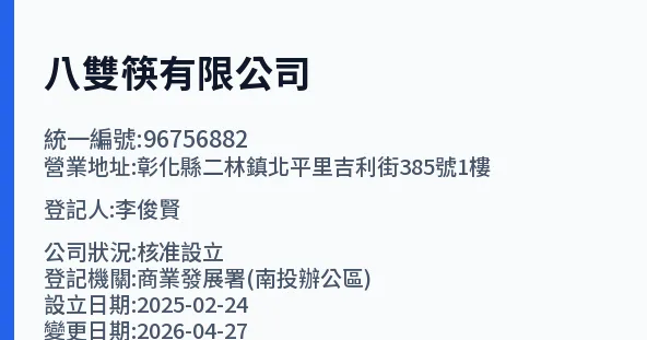 八雙筷有限公司的照片-統編 96756882(彰化縣) 公司登記資料與營業項目詳細圖表