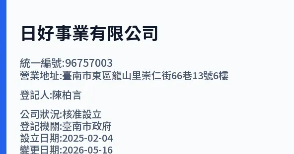日好事業有限公司的照片-統編 96757003(臺南市) 公司登記資料與營業項目詳細圖表