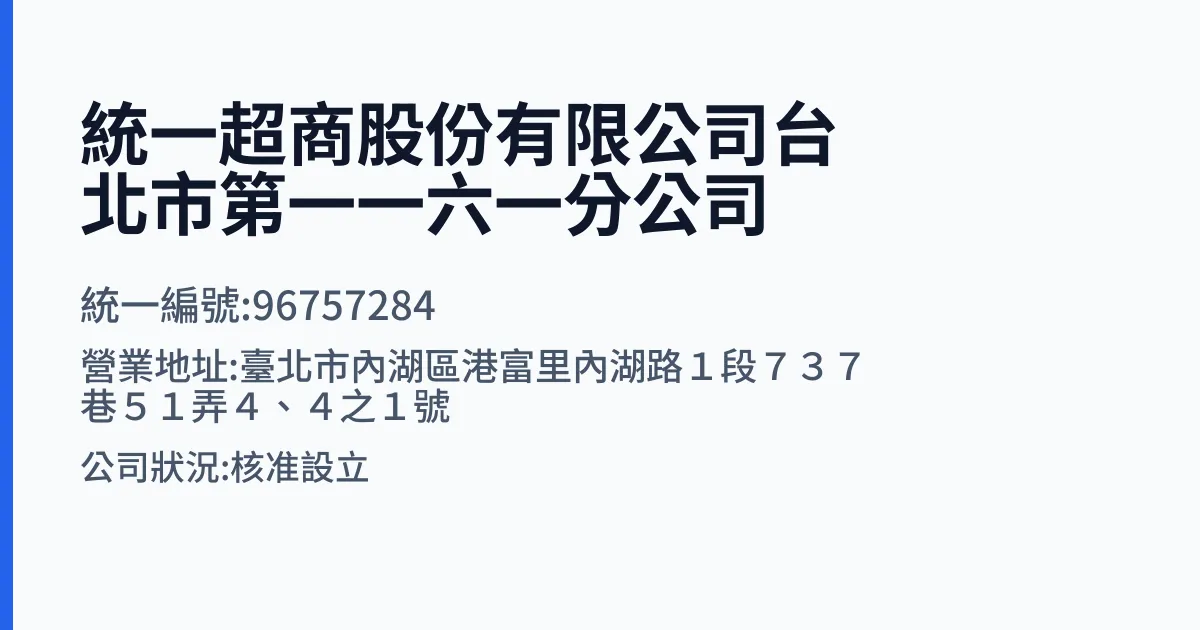 統一超商股份有限公司台北市第一一六一分公司 - 統編 96757284(臺北市) 公司登記資料與營業項目詳細圖表
