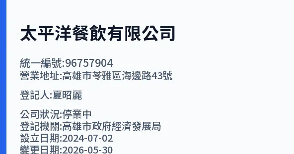 太平洋餐飲有限公司的照片-統編 96757904(高雄市) 公司登記資料與營業項目詳細圖表