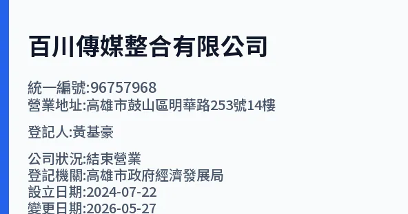 百川傳媒整合有限公司的照片-統編 96757968(高雄市) 公司登記資料與營業項目詳細圖表