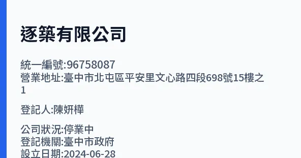 逐築有限公司的照片-統編 96758087(臺中市) 公司登記資料與營業項目詳細圖表