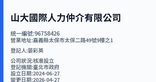 山大國際人力仲介有限公司的照片-統編 96758426(嘉義縣) 公司登記資料與營業項目詳細圖表