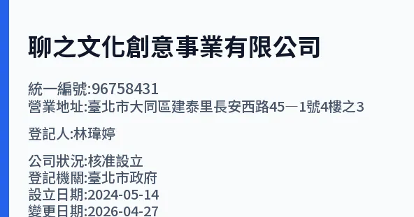 聊之文化創意事業有限公司的照片-統編 96758431(臺北市) 公司登記資料與營業項目詳細圖表