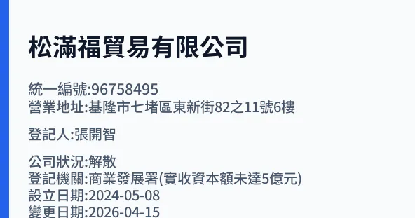 松滿福貿易有限公司的照片-統編 96758495(基隆市) 公司登記資料與營業項目詳細圖表