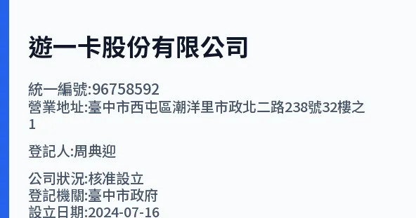 遊一卡股份有限公司的照片-統編 96758592(臺中市) 公司登記資料與營業項目詳細圖表