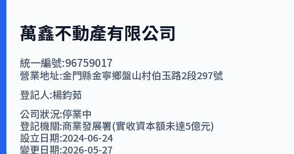 萬鑫不動產有限公司的照片-統編 96759017(金門縣) 公司登記資料與營業項目詳細圖表