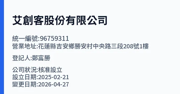 艾創客股份有限公司的照片-統編 96759311(花蓮縣) 公司登記資料與營業項目詳細圖表