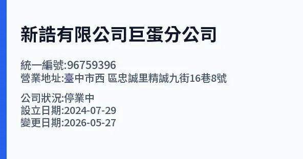 新誥有限公司巨蛋分公司的照片-統編 96759396(臺中市) 公司登記資料與營業項目詳細圖表