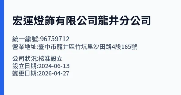 宏運燈飾有限公司龍井分公司的照片-統編 96759712(臺中市) 公司登記資料與營業項目詳細圖表