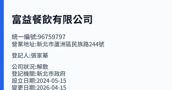 富益餐飲有限公司的照片-統編 96759797(新北市) 公司登記資料與營業項目詳細圖表