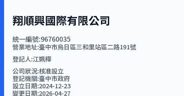 翔順興國際有限公司的照片-統編 96760035(臺中市) 公司登記資料與營業項目詳細圖表