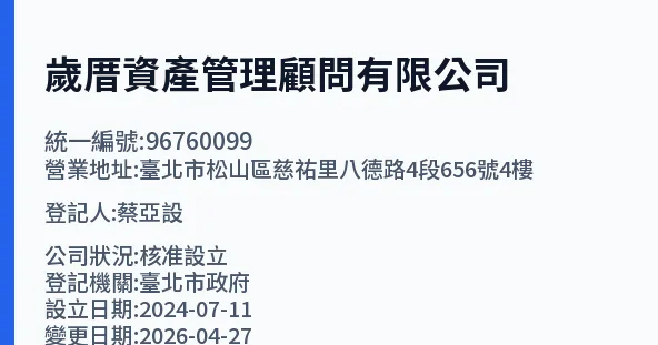 歲厝資產管理顧問有限公司的照片-統編 96760099(臺北市) 公司登記資料與營業項目詳細圖表
