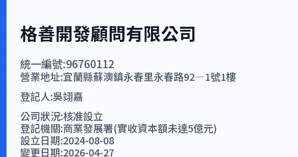 格善開發顧問有限公司的照片-統編 96760112(宜蘭縣) 公司登記資料與營業項目詳細圖表