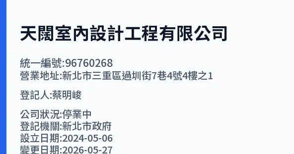 天闊室內設計工程有限公司的照片-統編 96760268(新北市) 公司登記資料與營業項目詳細圖表