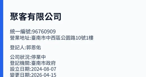 聚客有限公司的照片-統編 96760909(臺南市) 公司登記資料與營業項目詳細圖表